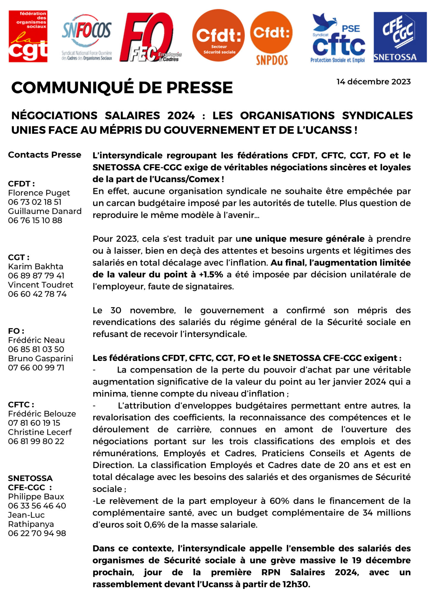 Communiqué de presse intersyndicale Sécu : Négo salaires 2024 - Fédération des Organismes ...