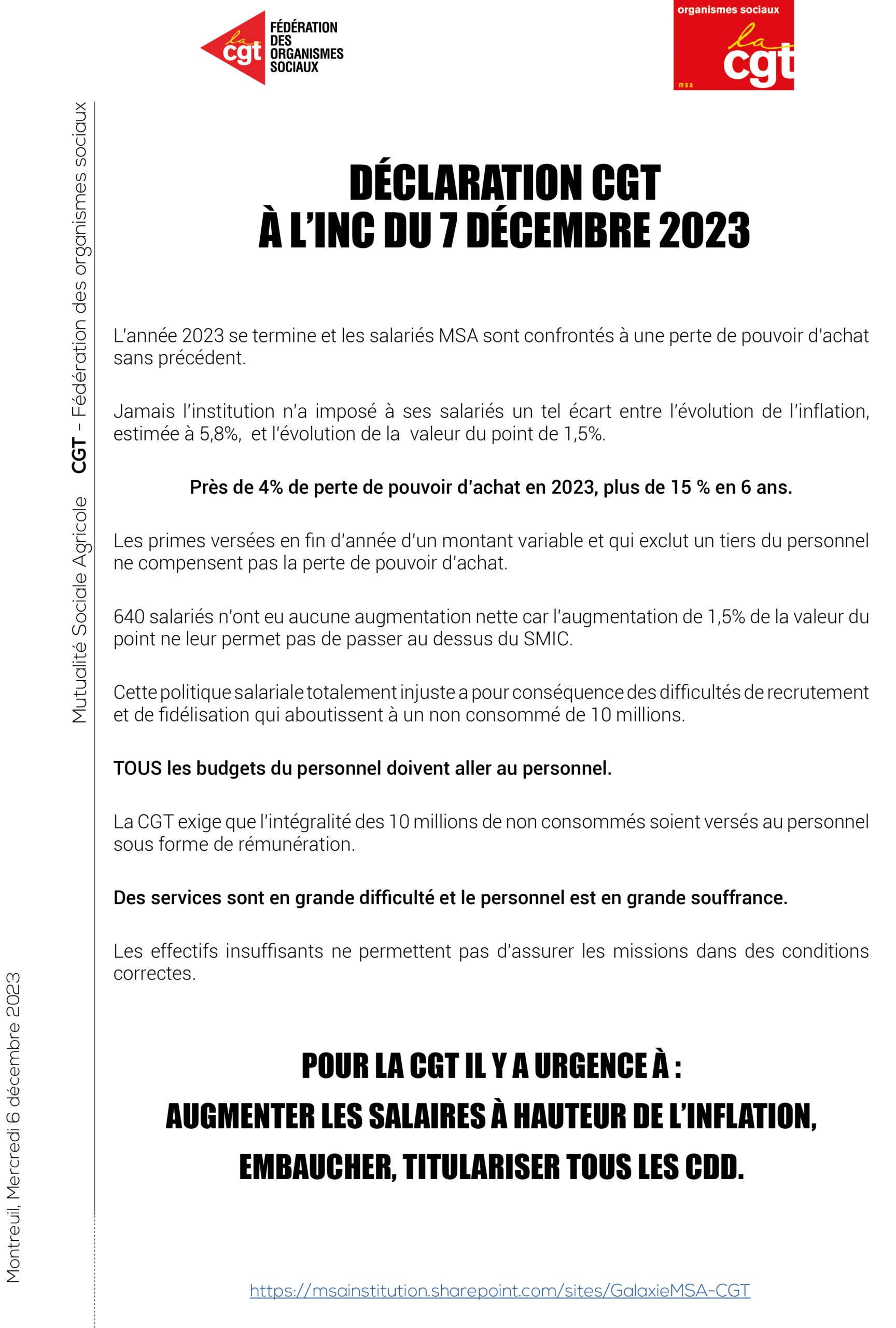 Déclaration CGT à l'INC du 7 décembre 2023 - Fédération des Organismes Sociaux - CGT