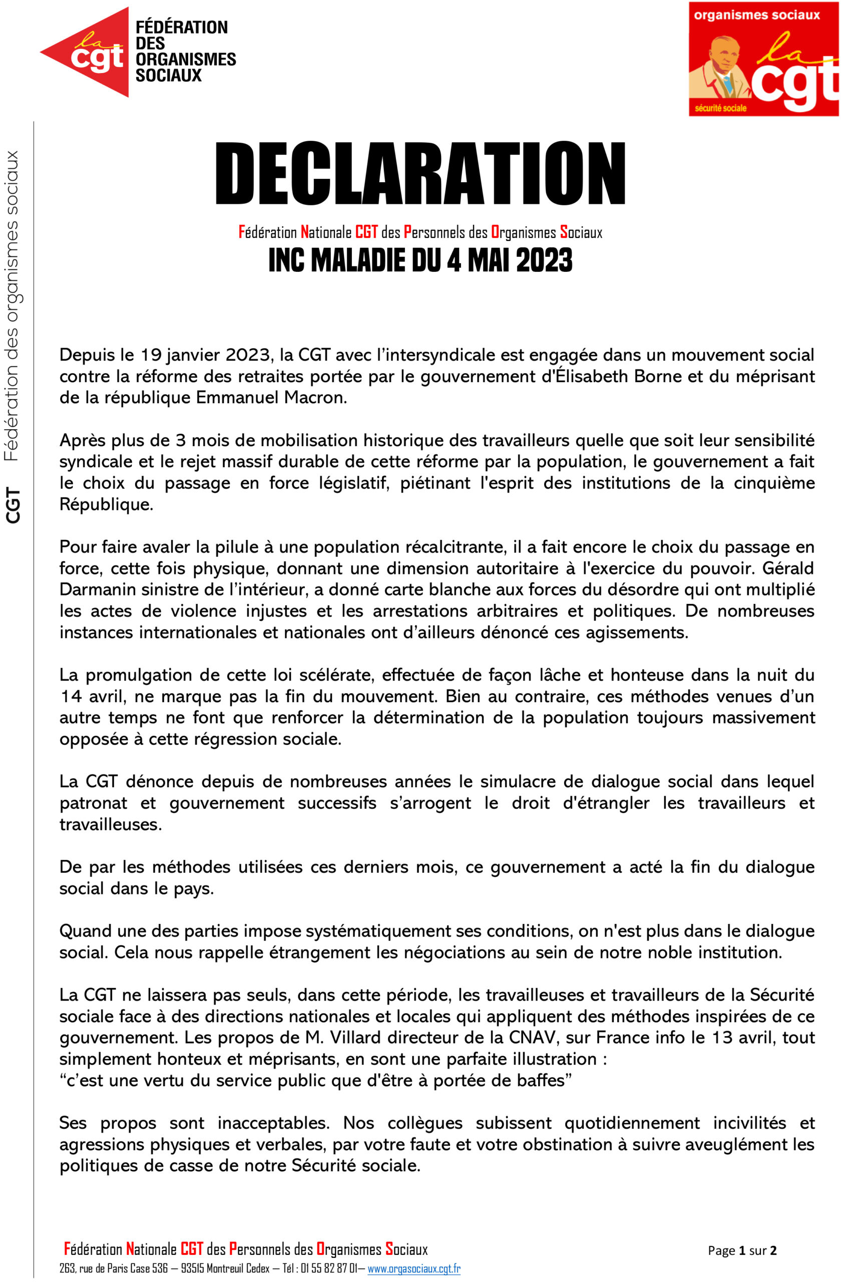 Déclaration INC Maladie du 4 mai 2023 - Fédération des Organismes Sociaux - CGT