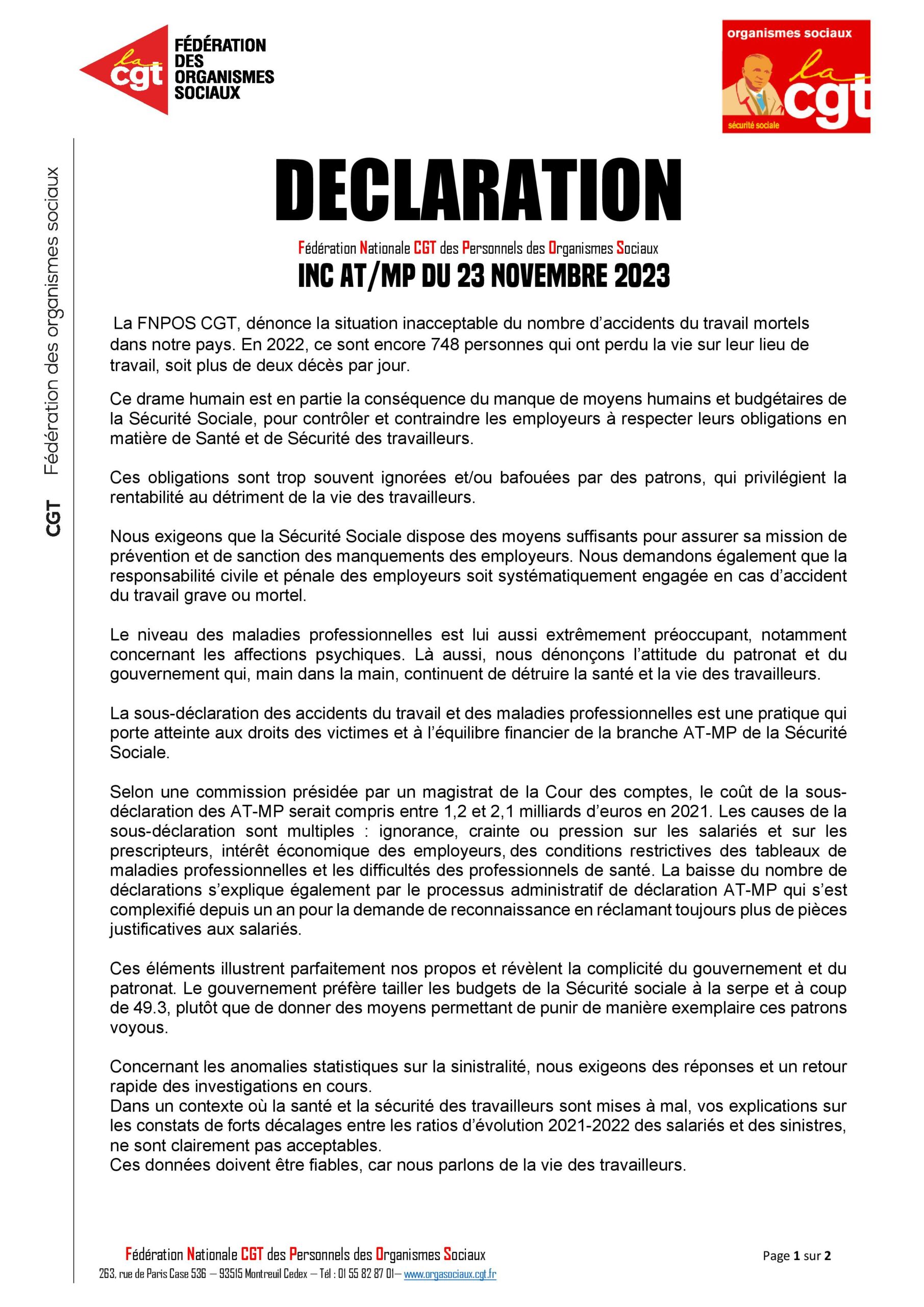 Déclarations FNPOS & Intersyndicale à l'INC AT/MP - Fédération des ... Déclarations FNPOS & Intersyndicale à l'INC AT/MP - Fédération des ...