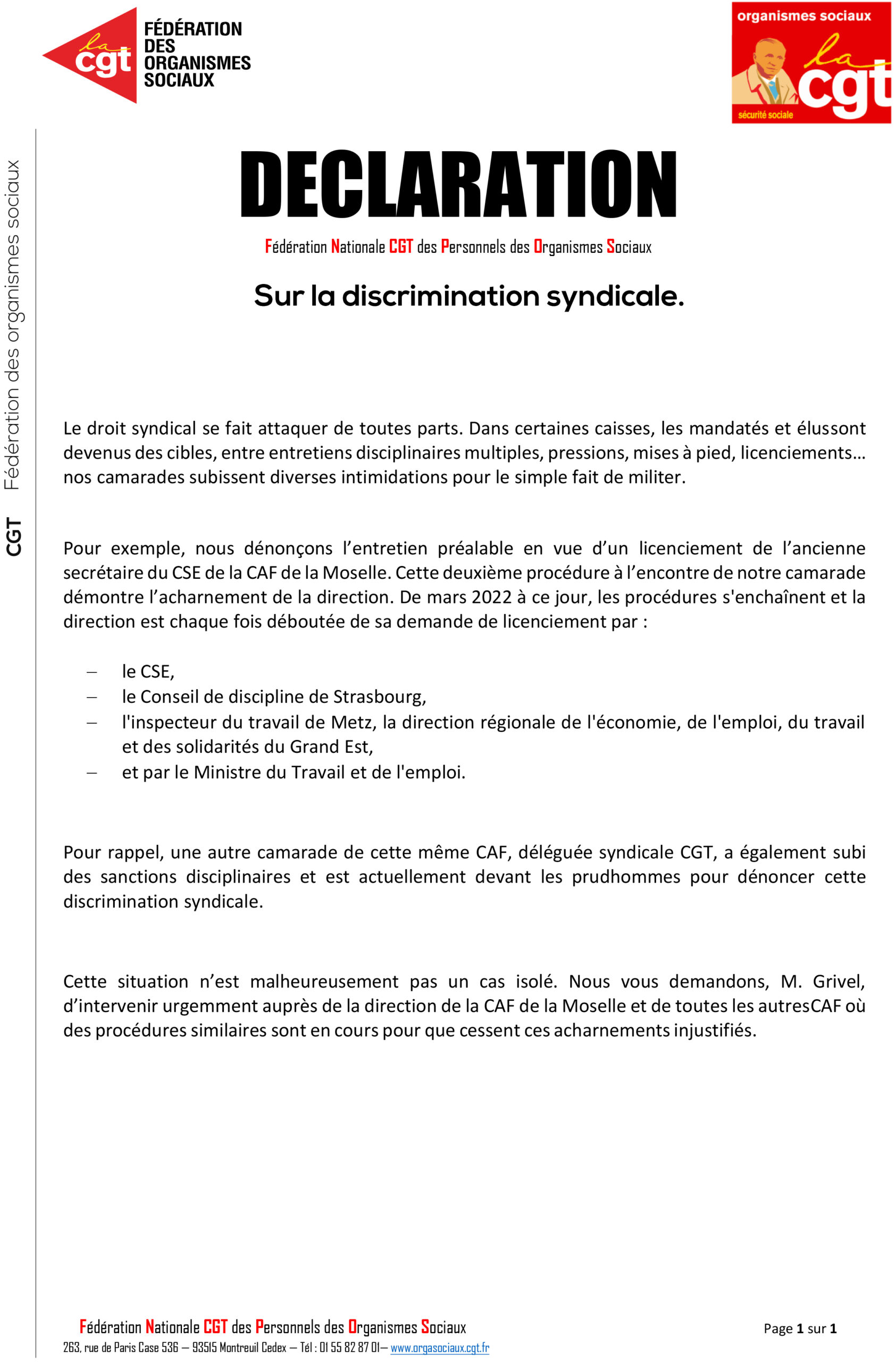 Déclaration sur la discrimination syndicale - Fédération des Organismes Sociaux - CGT