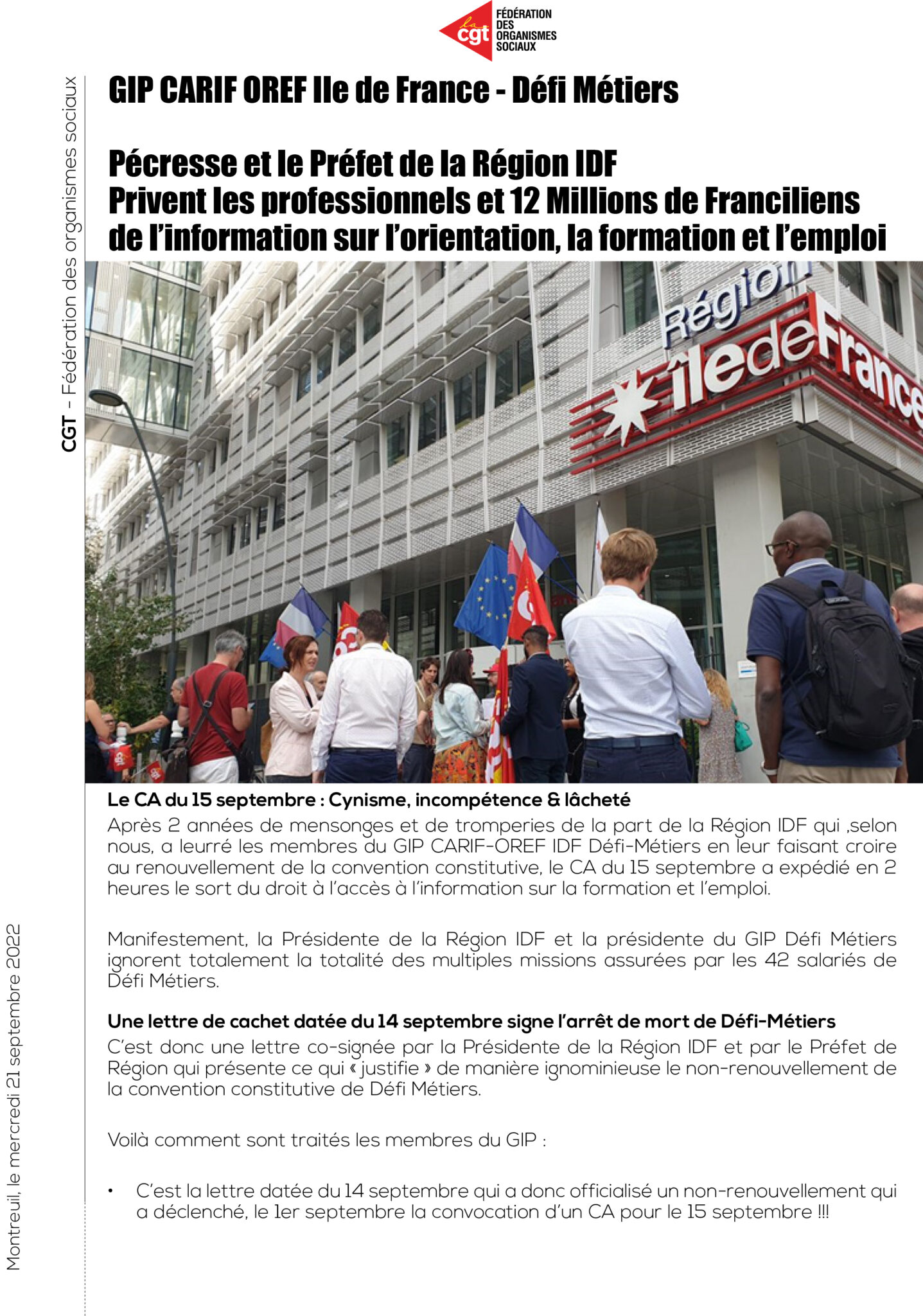 La CGT exige le maintien du GIP CARIF IDF – Défi Métiers, - Fédération des Organismes Sociaux - CGT