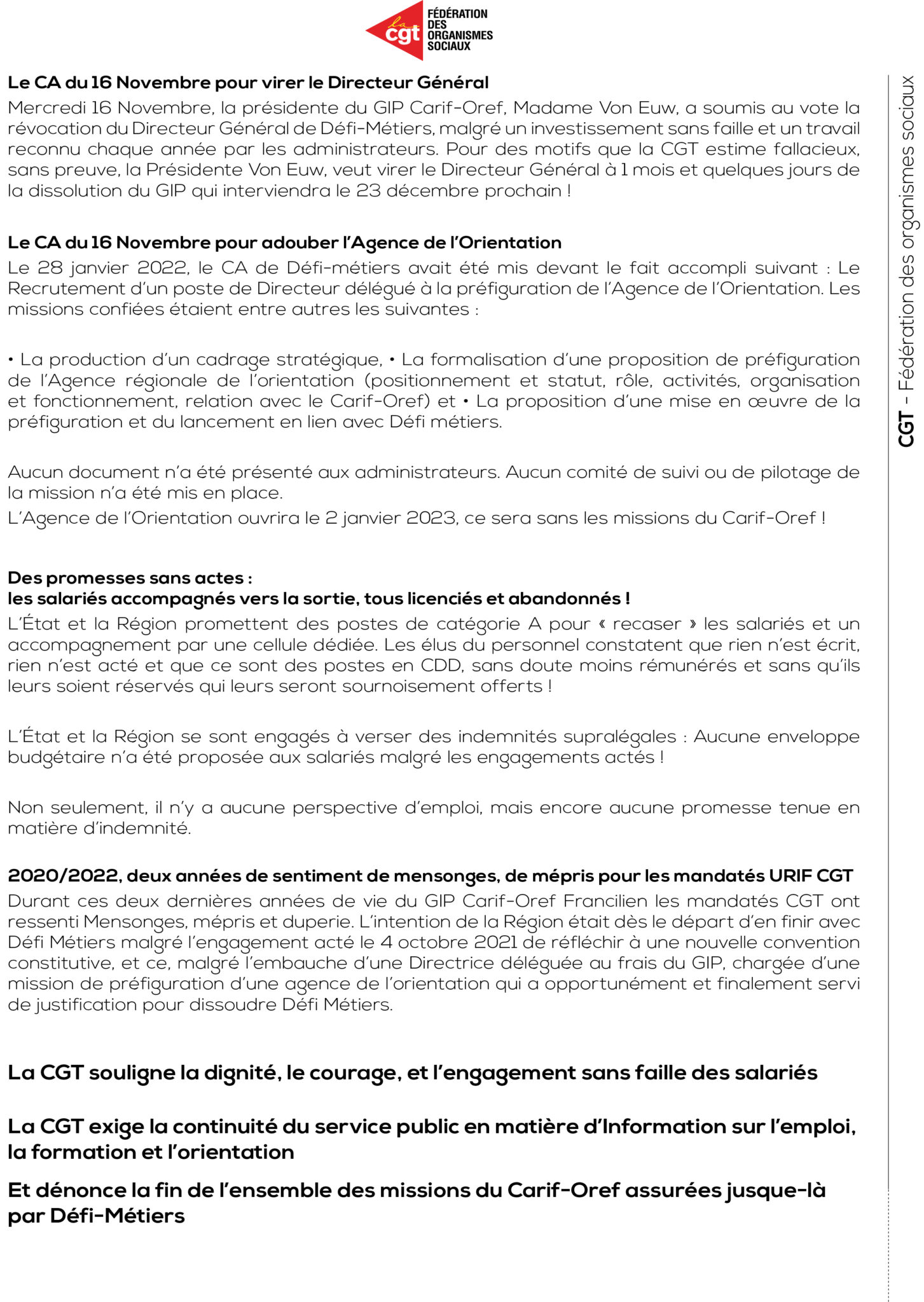 Le GIP CARIF-OREF Défi Métiers ferme ! - Fédération des Organismes Sociaux - CGT